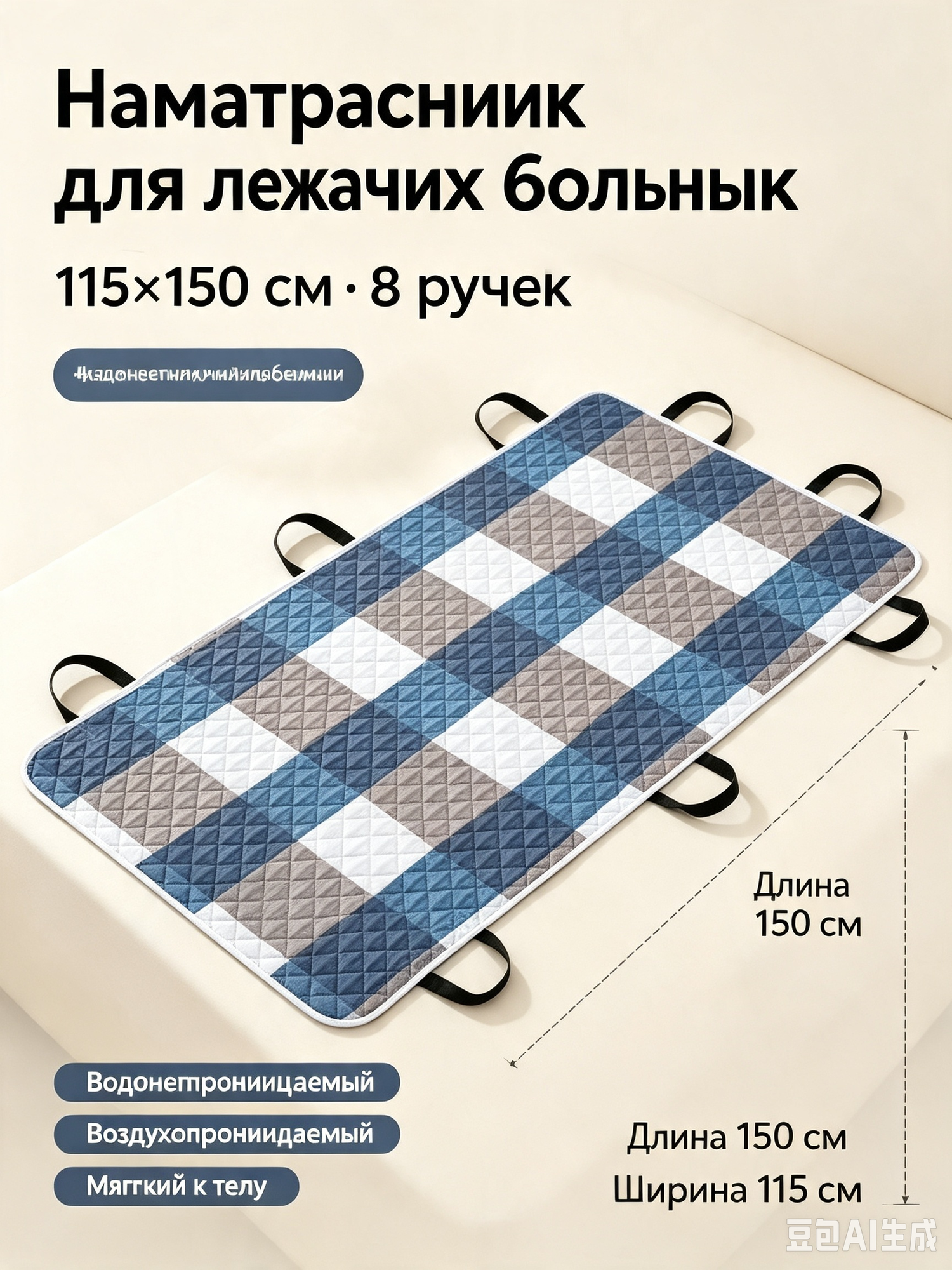 Подкладка впитывающая для лежачих больных 115х150 см, 8 ручек, стираемая‑защита от протеканий