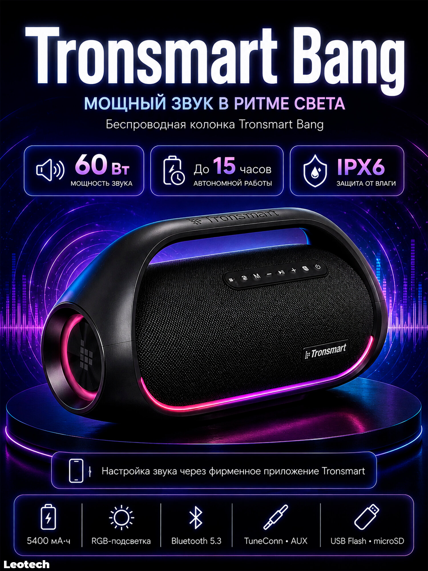 Беспроводная колонка Tronsmart Bang 60W, 15 часов, Bluetooth 5.3