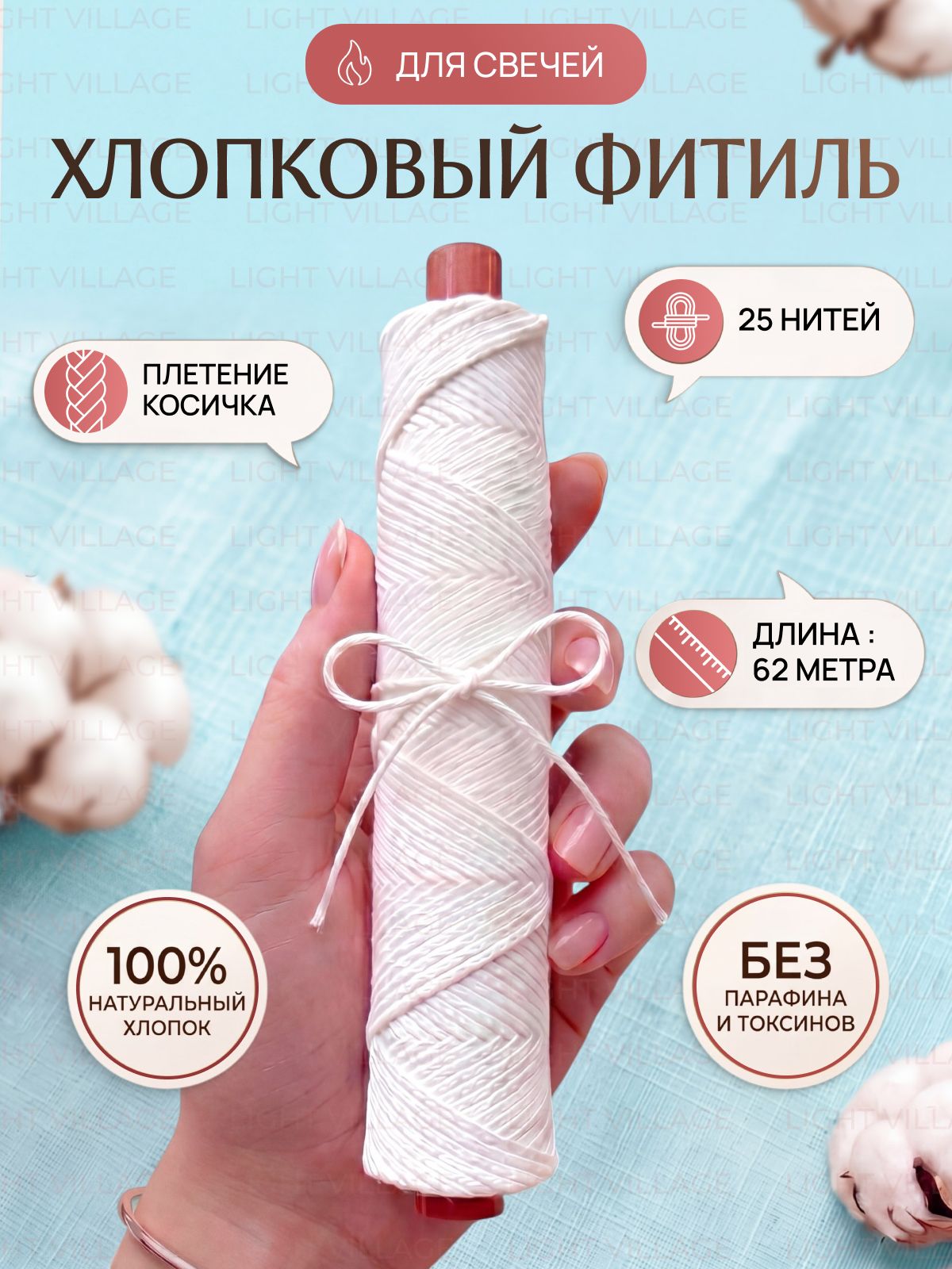 Хлопковый фитиль для свечей невощеный 25 нитей 62 метра