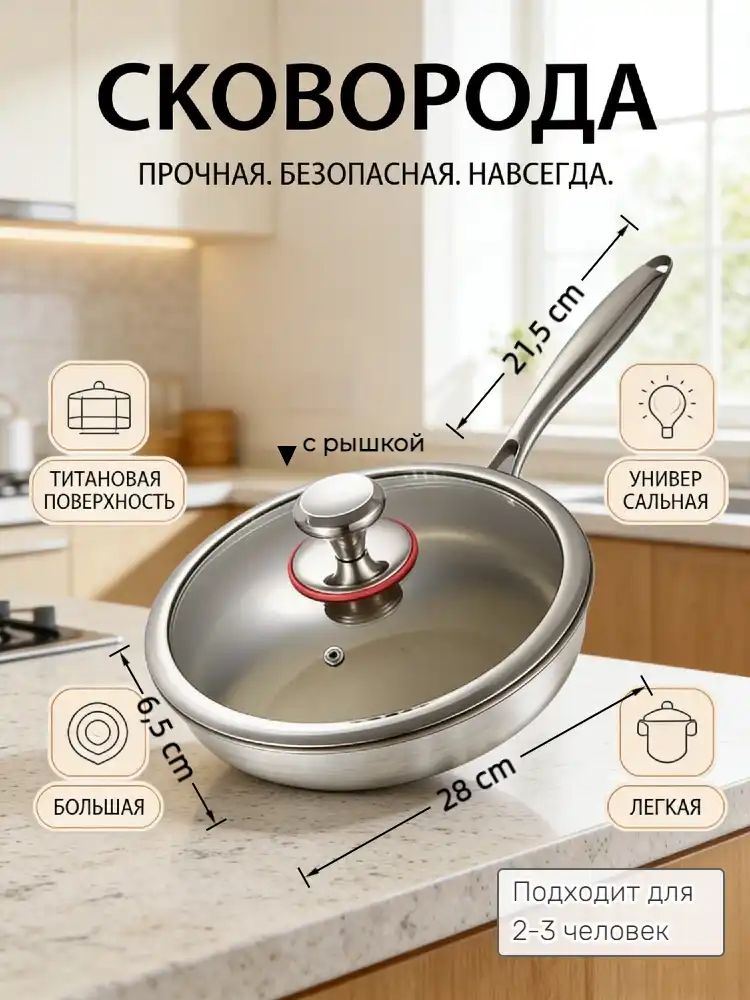 Титановая сковорода CY393 без покрытия, 28 см