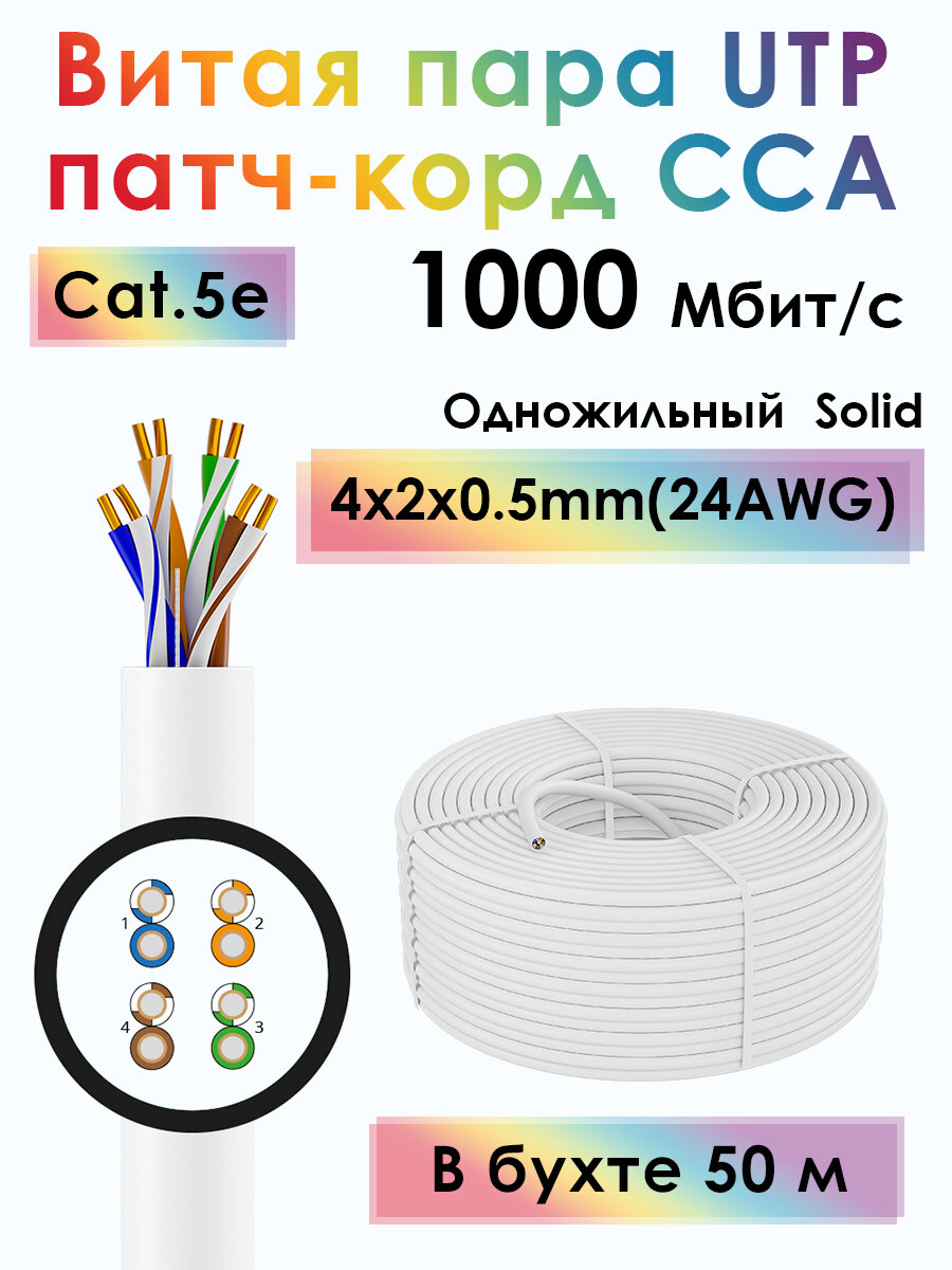 Кабель LAN витая пара в бухте 50м для интернета Cat.5e, CCA 4х2х0,5 24AWG, одножильный (Solid), белый