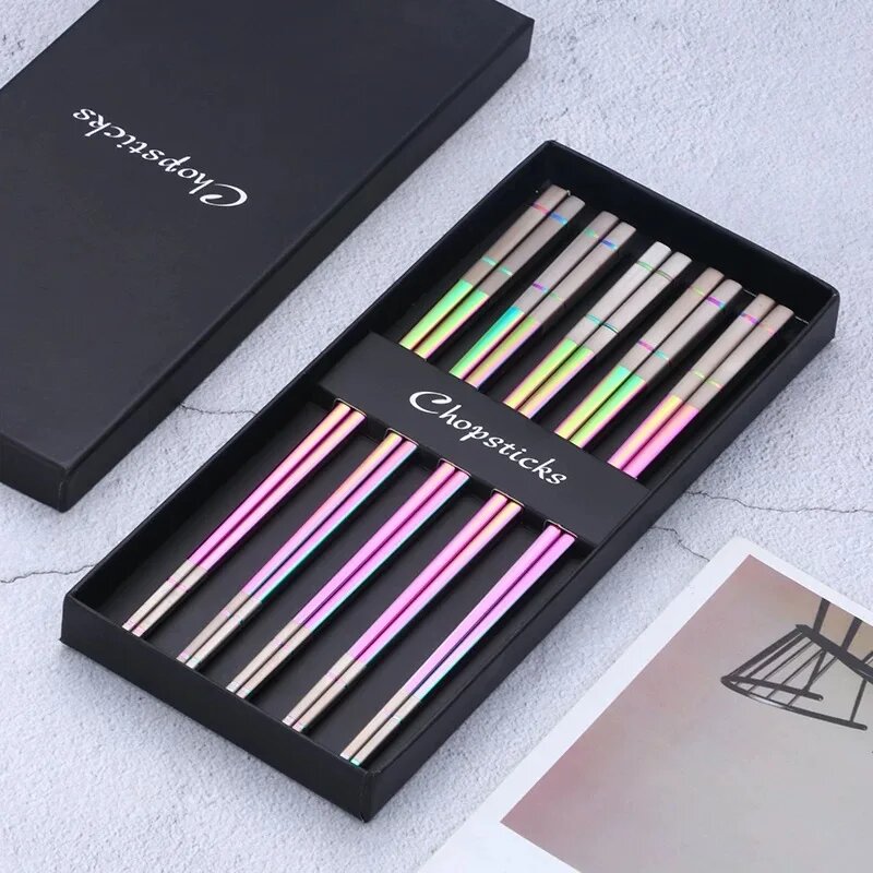 Палочки для еды Buy Go, 5 пар, нержавеющая сталь Черный, Rainbow-5 Pairs