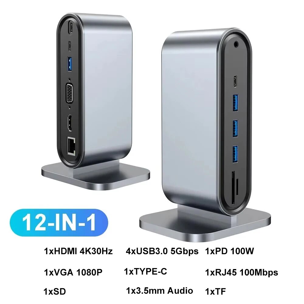 12-in-1 концентратор USB-C с HDMI, VGA, RJ45