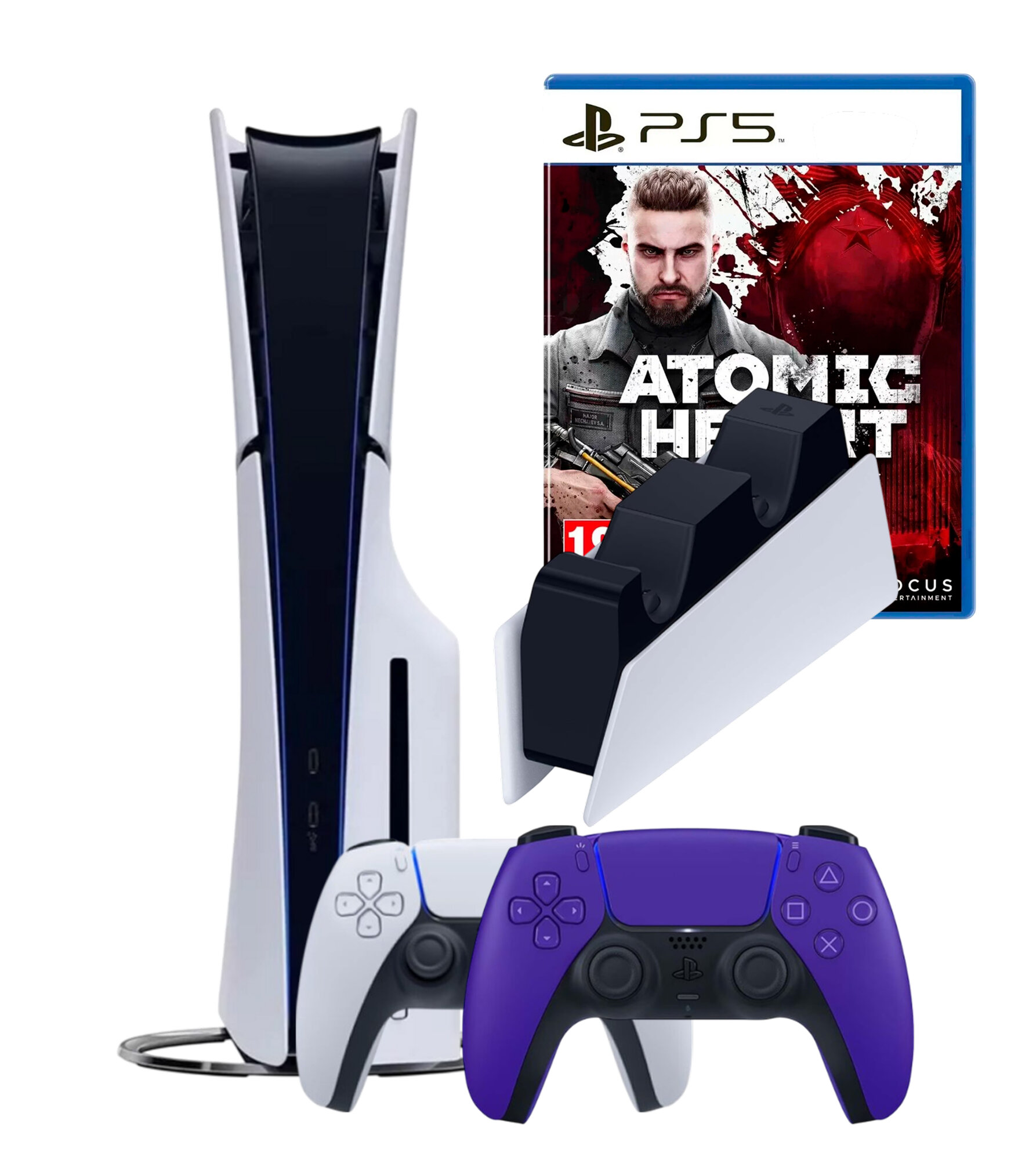 Игровая приставка Sony PS5 Slim + 2й геймпад фиолетовый + игра Atomic Heart + станция зарядки