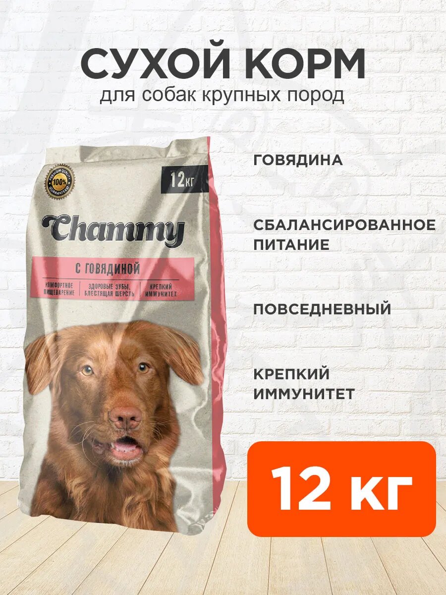 Корм сухой Chammy для взрослых собак крупных пород, говядина, 12 кг