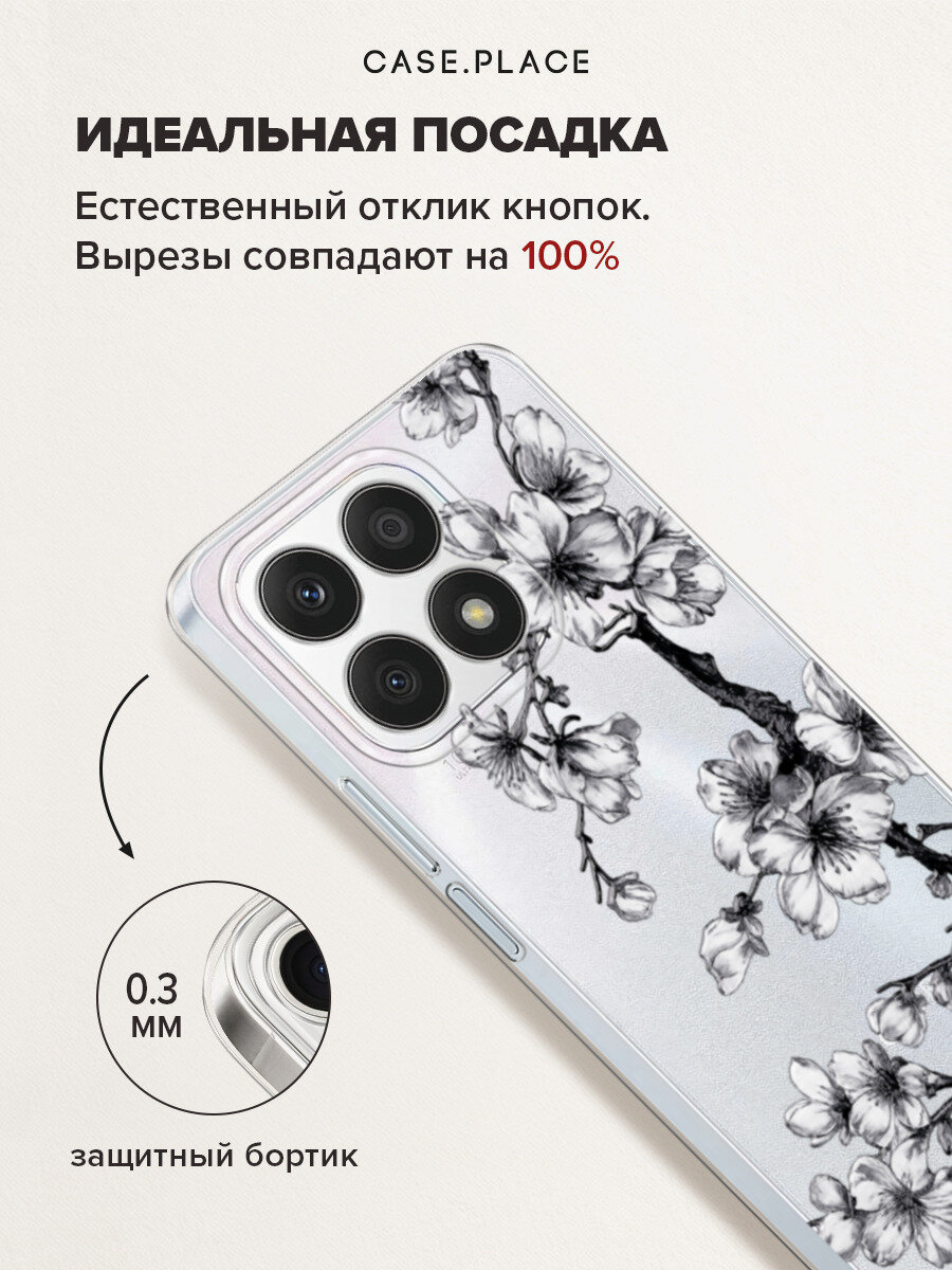 Силиконовый чехол на Honor X8A / Хонор X8A с принтом Ветка сакуры серая — фото 1