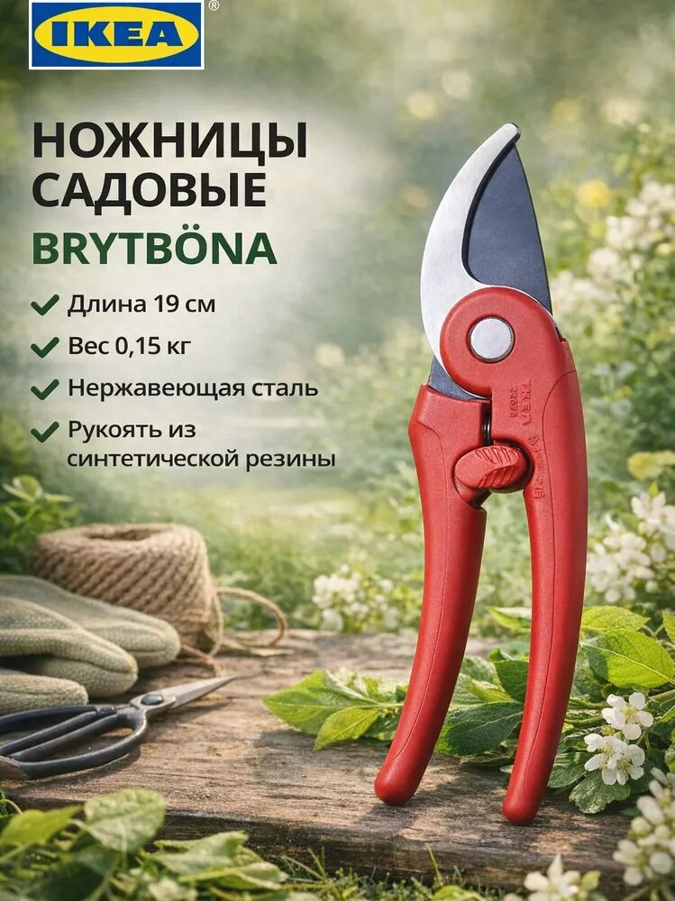 IKEA Секатор садовый BRYTBONA, длина 19 см, вес 0,15 кг, нержавеющая сталь, красныи