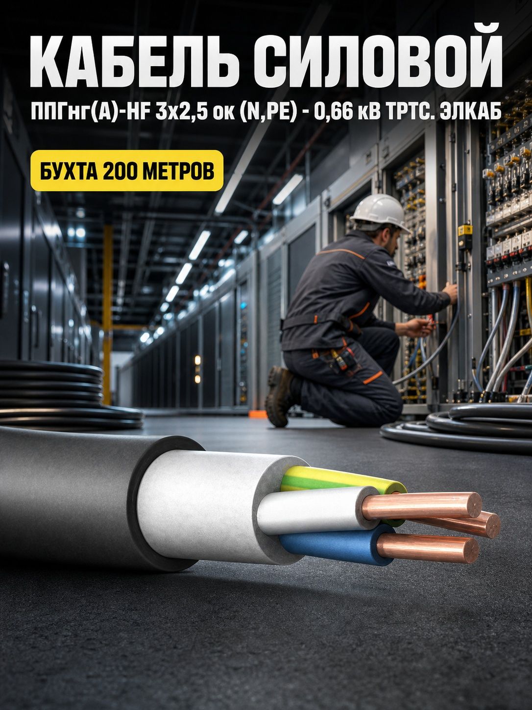 Кабель силовой ППГнг(А)-HF 3х2,5. Элкаб. Бухта 200 метров
