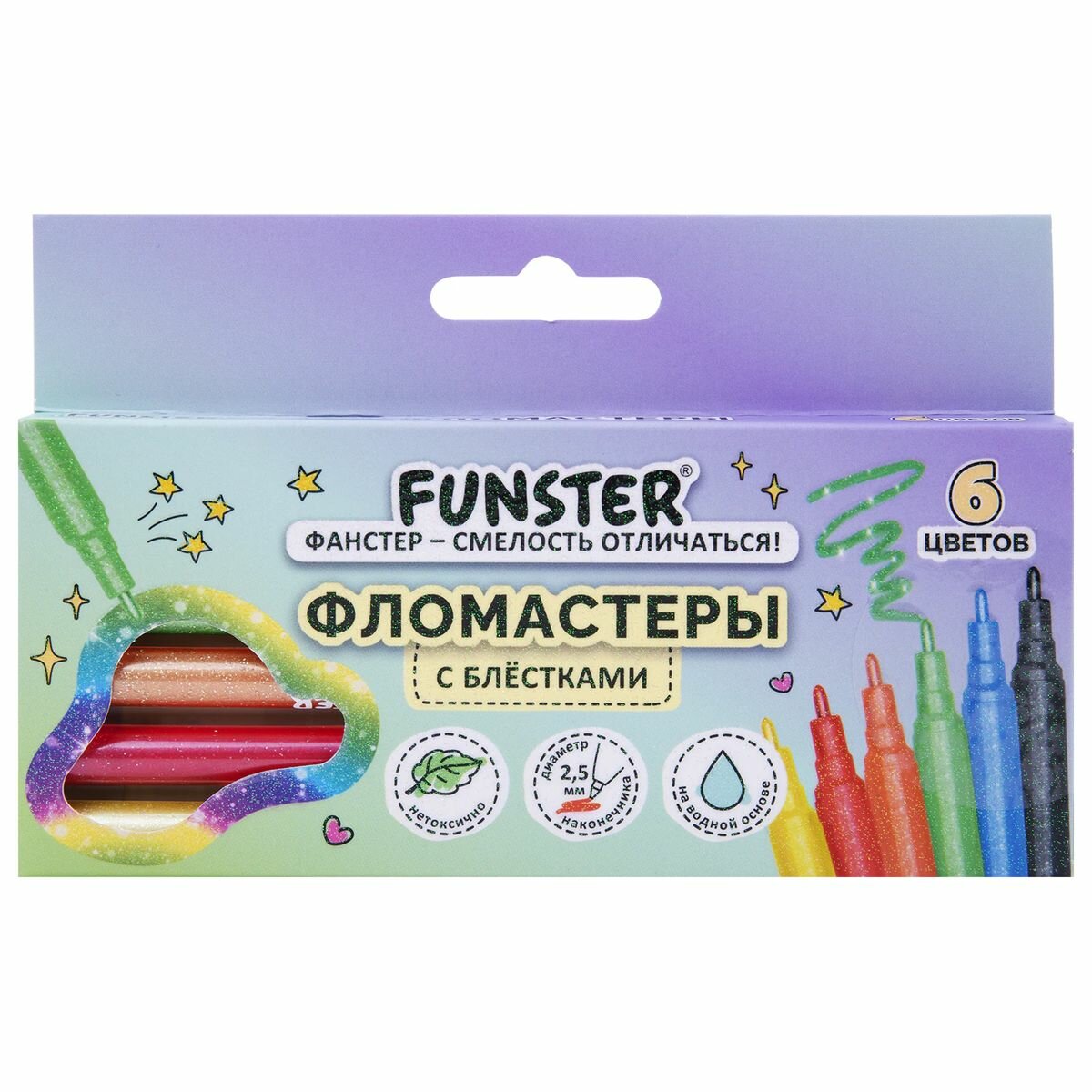 Набор фломастеров 6 цветов Funster Glitter (линия 3мм, с блестками) (152628), 48 уп.