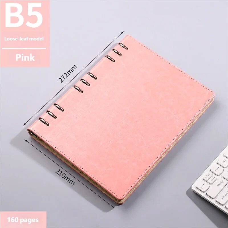 Блокнот B5 9 колец металлический кожаный Розовый, Pink