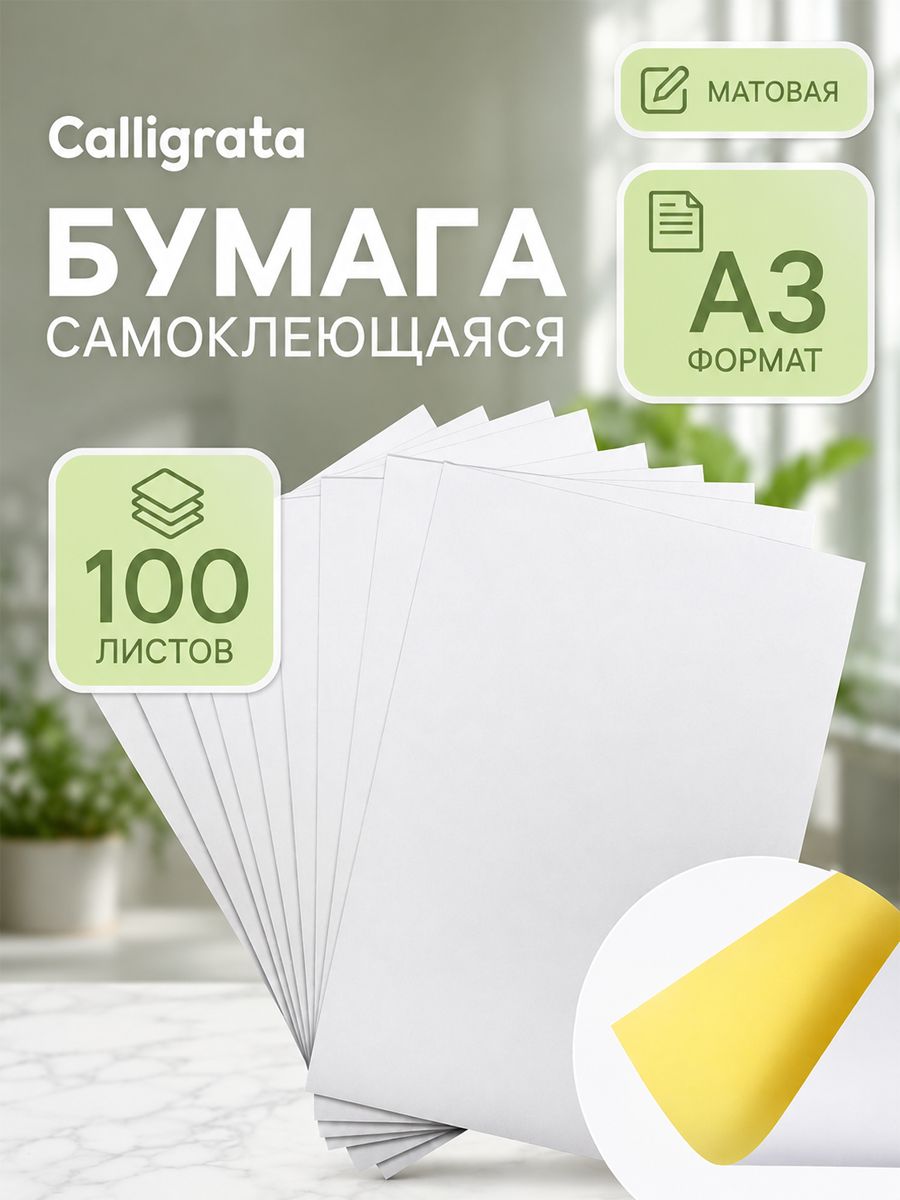 Бумага самоклеящаяся белая для принтера, бумага-самоклейка матовая для печати этикеток и наклеек, формат A3, 100 листов