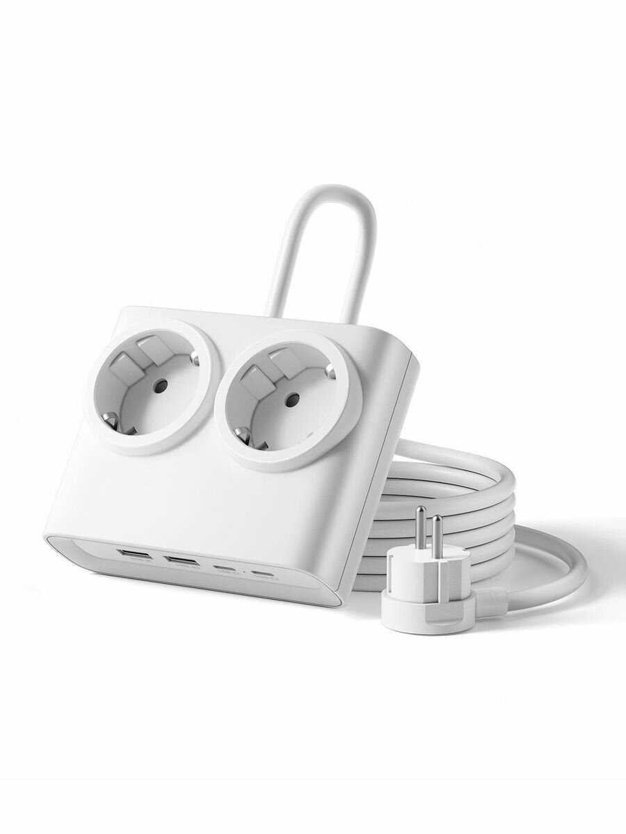 Удлинитель-зарядка NTONPOWER Desktop Mini Brick 6-в-1,2 розетки + 4 USB (2C+2A), быстрая зарядка 15.5W PD, 1.6м для эстетики вашего рабочего стола, белый цвет