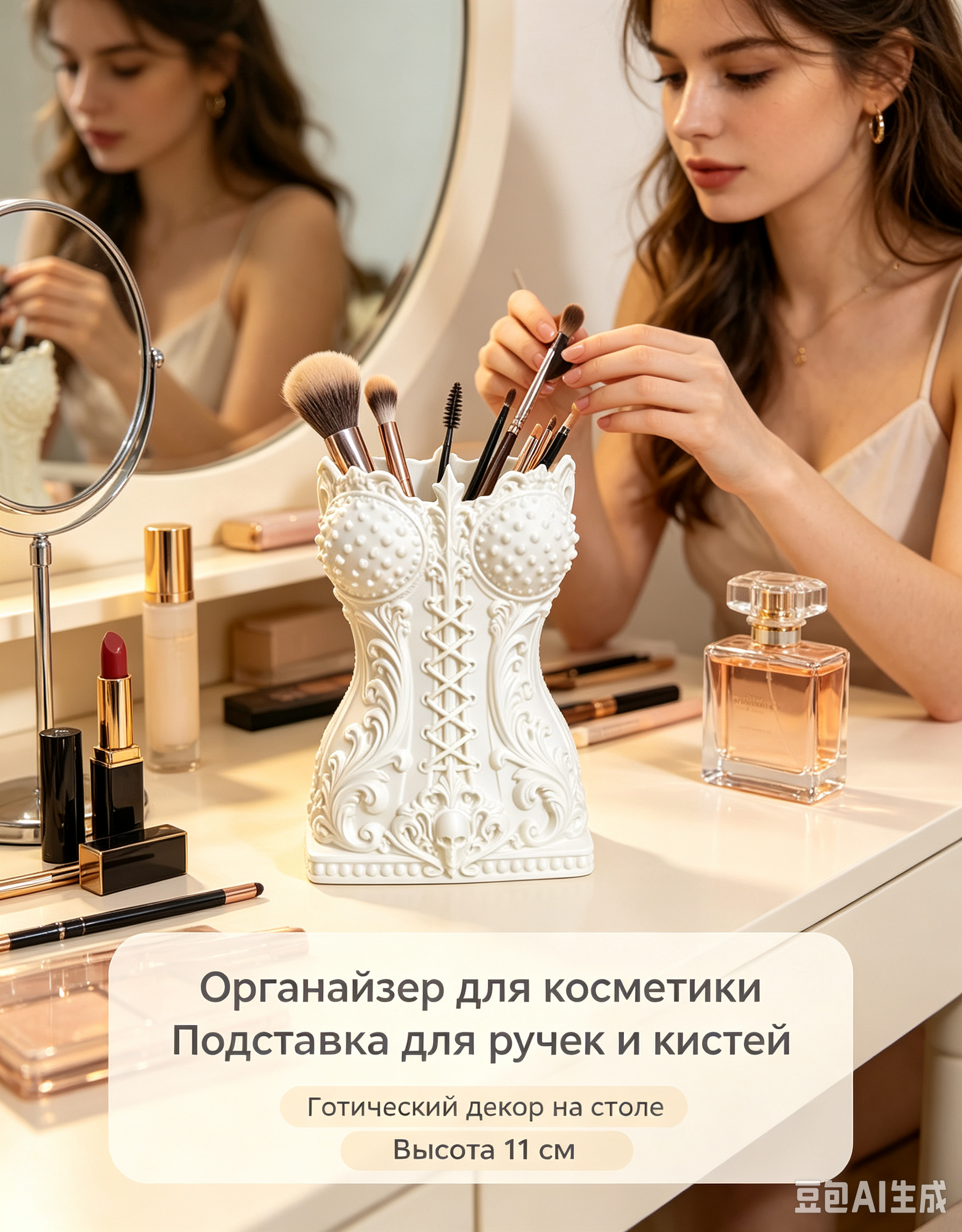 Готический органайзер для косметики и пенал для ручек, настольный, высотой 11 см, изготовлен из материала для 3D‑печати.