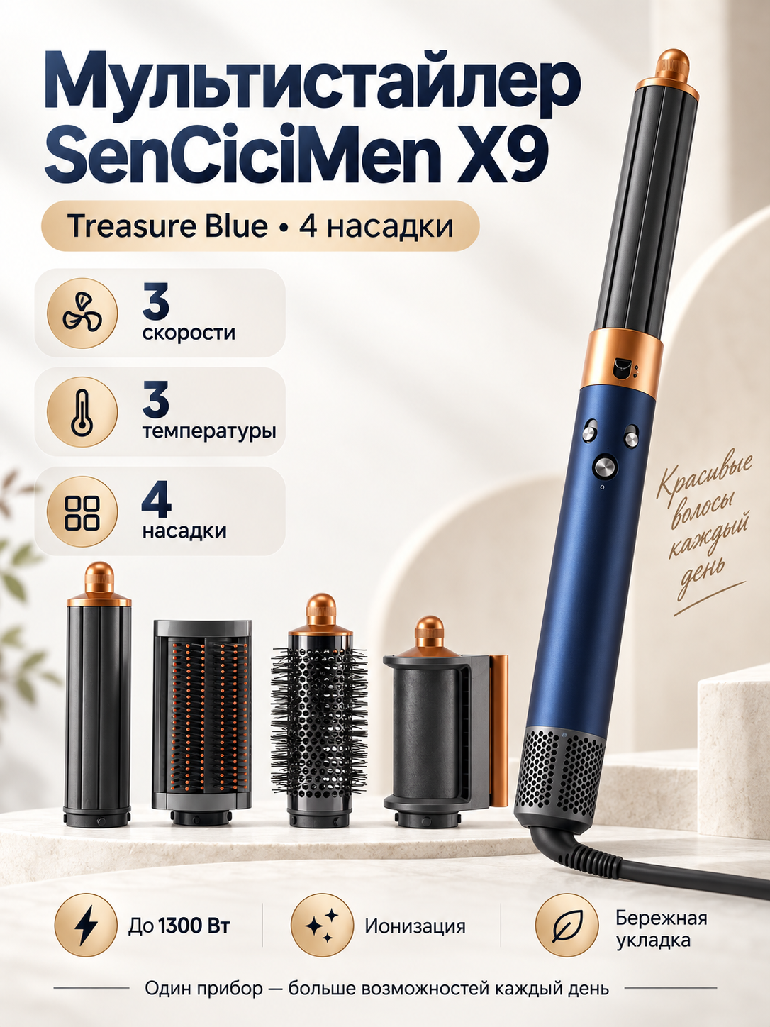 Мультистайлер SenCiciMen "X9" EU Treasure Blue, 3 скорости, 3 температуры, 4 насадки