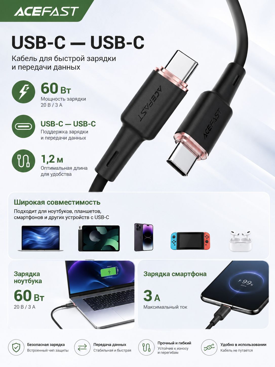 Кабель C2-03 USB-C-USB-C для зарядки и передачи данных
