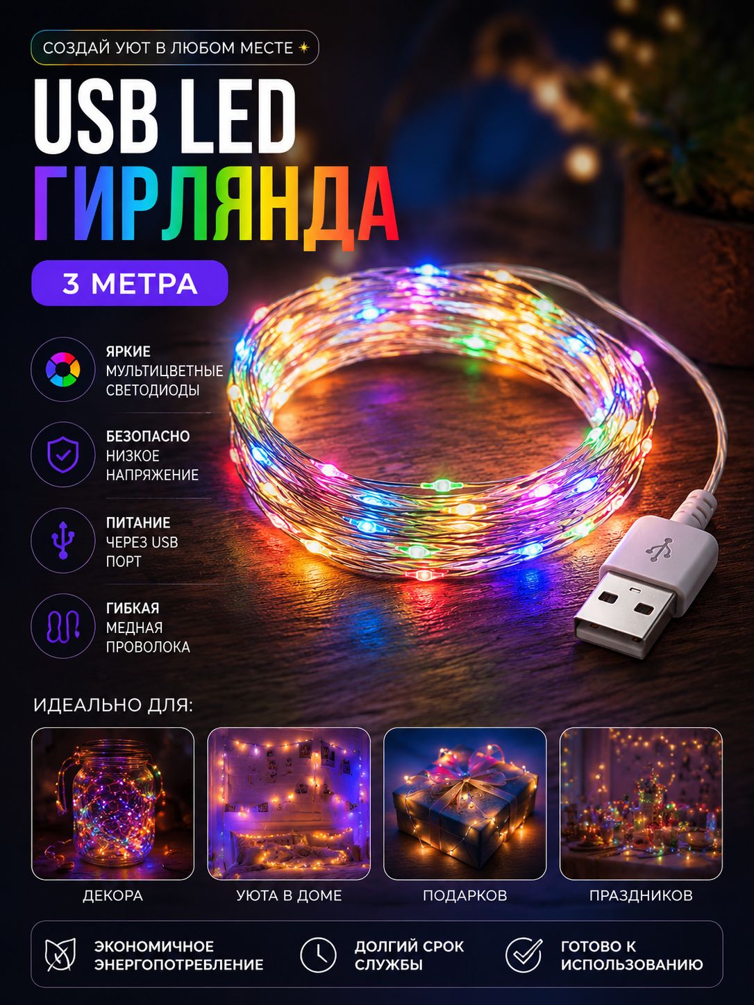 Для 30 лампочек, светодиодная гирлянда с питанием от USB, серебряная проволока, ночная водонепроницаемая лампа-гирлянда, рождественская