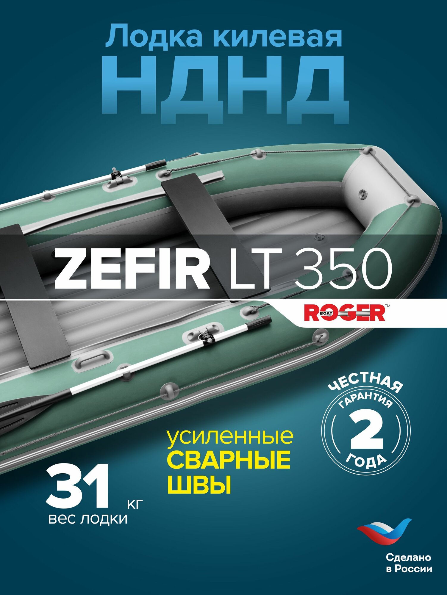 Лодка ПВХ под мотор ROGER Zefir 350 LT, надувная для рыбалки НДНД килевая (зеленый-серый)