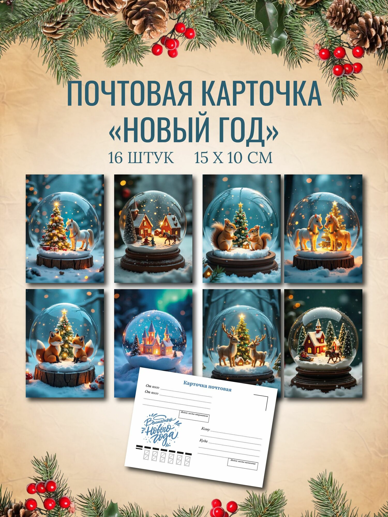 Почтовая карточка, новогодняя открытка, "Новый год",10,5 х 15 см, 16 штук.