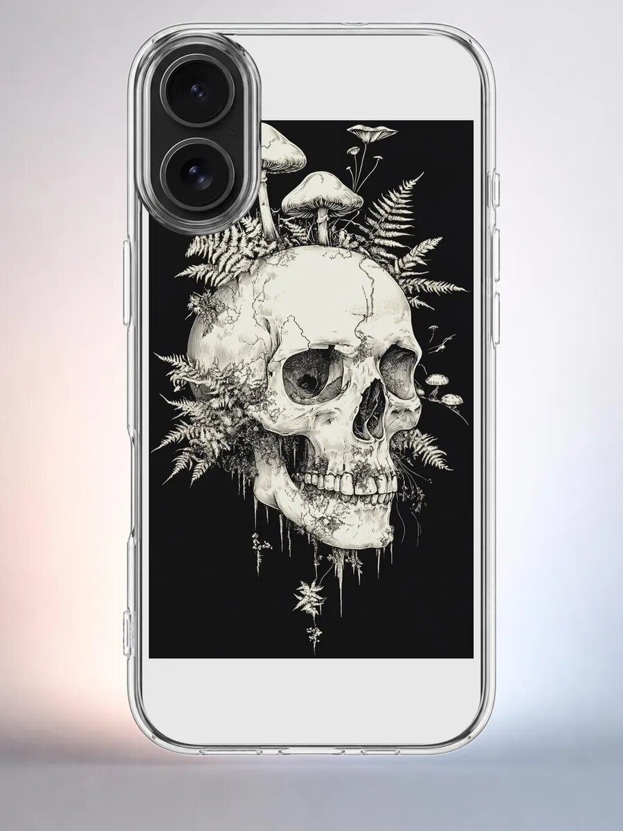 Чехол iPhone 16 череп с грибами силиконовый