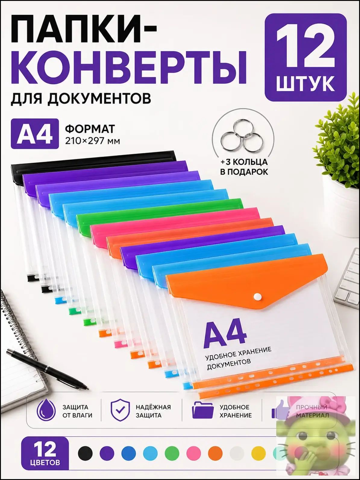 12 шт. конвертов-расширителей формата А4 для папок-скоросшивателей на кольцах, прозрачный пластик, офисная канцелярия