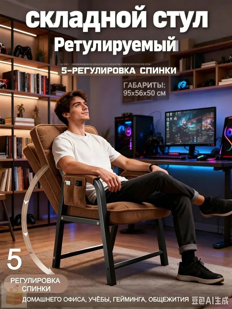 Складной стул с регулируемой спинкой, 5-регулировок, 95х56х50 см