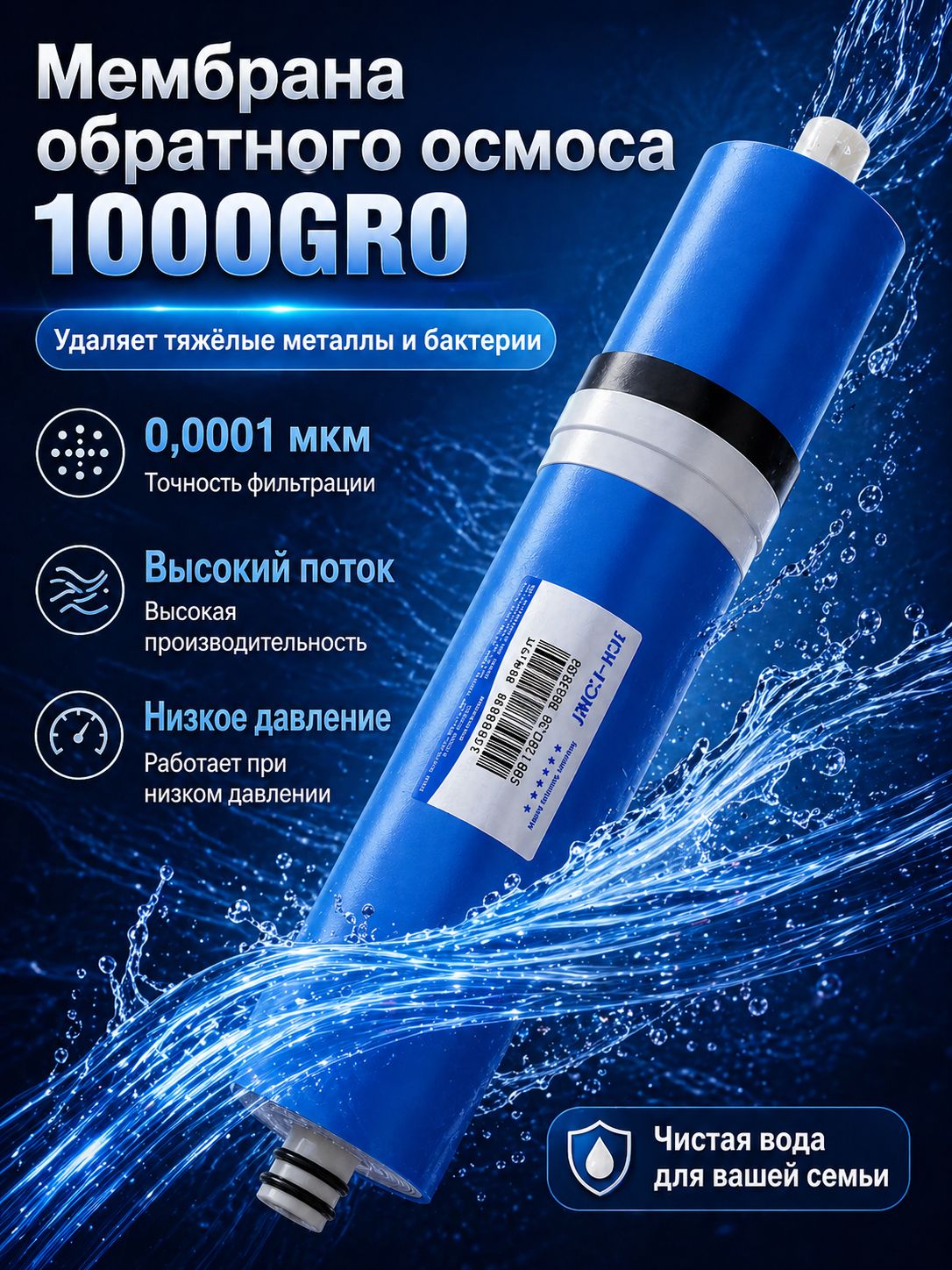 Мембрана обратного осмоса 1000GRO 0.0001 мкм Высокий поток Низкое давление Удаление тяжелых металлов и бактерий