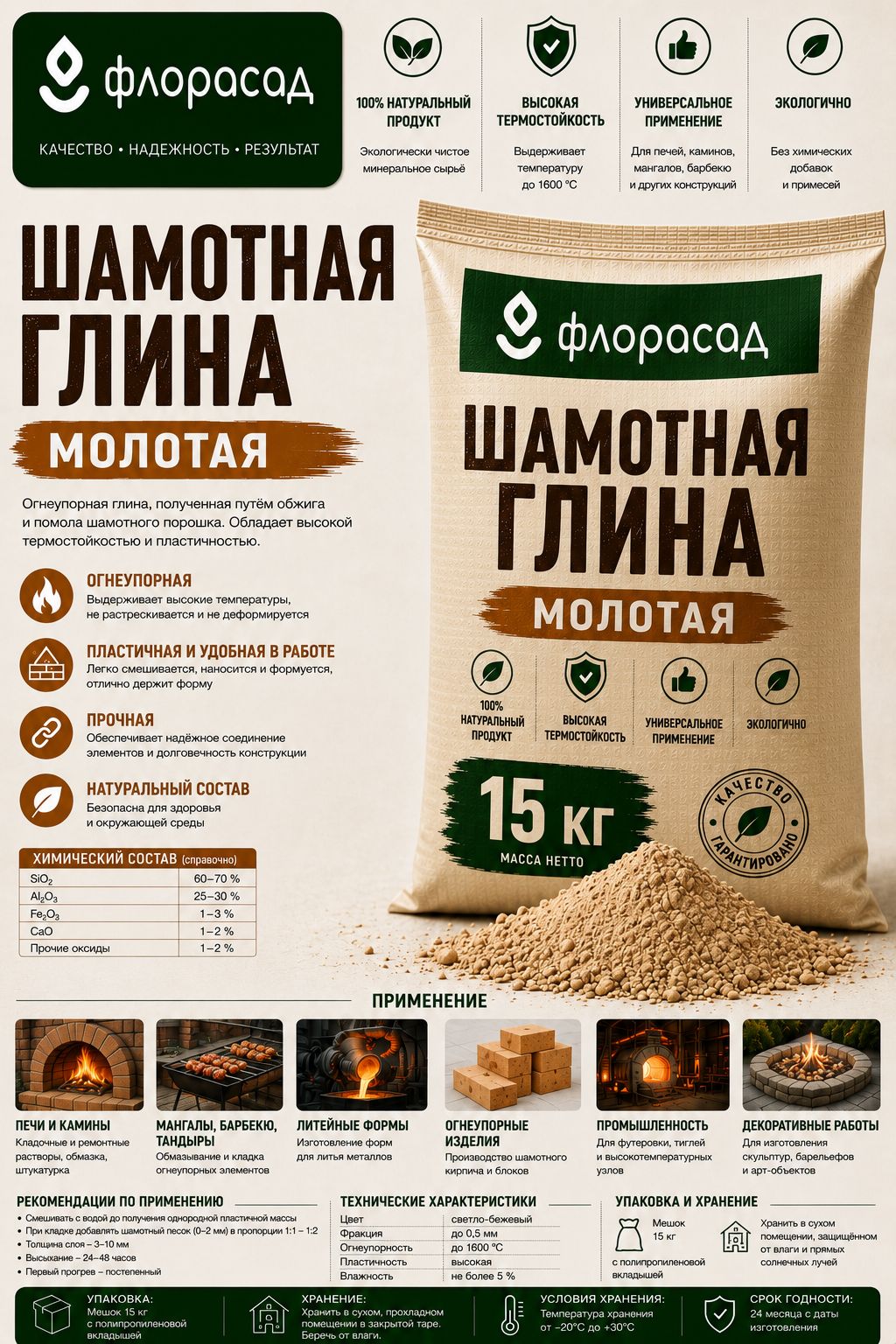 Шамотная глина молотая 15 кг