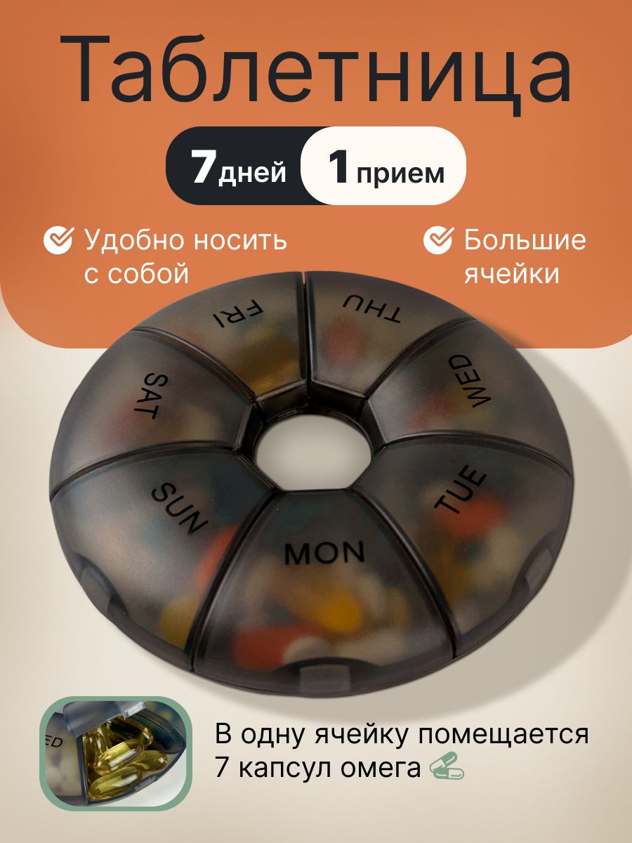 Таблетница круглая на 7 дней, черная