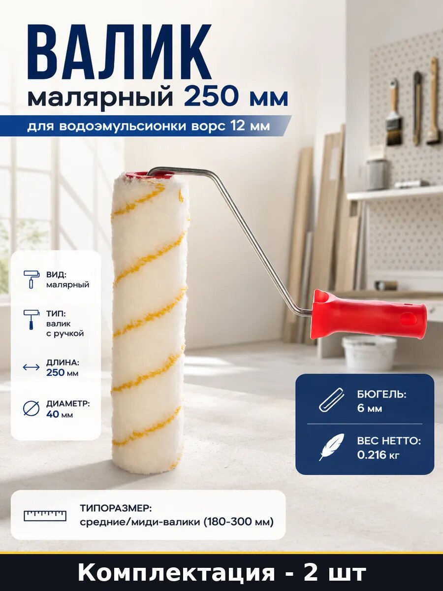 Валик малярный 250 мм для водоэмульсионки ворс 12 мм