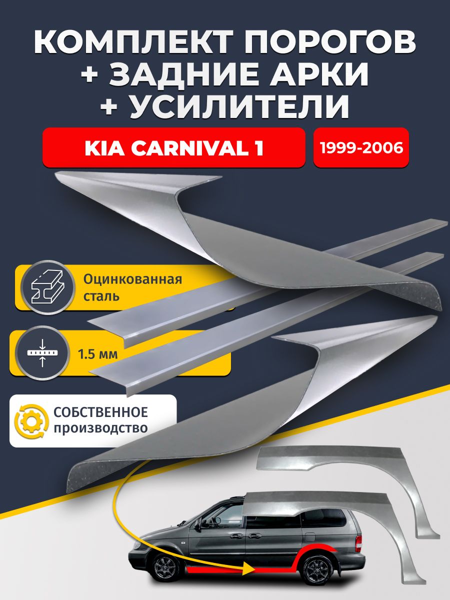 Комплект ремонтных задних арок(0,8 мм) и стандартных порогов(1,5 мм) + усилители (1,5 мм.) на Kia Carnival 1 1999-2006 (Киа Карнивал 1). Материал оцинкованная сталь.