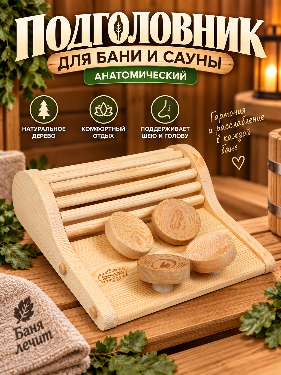 Подголовник анатомический для бани и сауны, деревянный, сосна и кедр