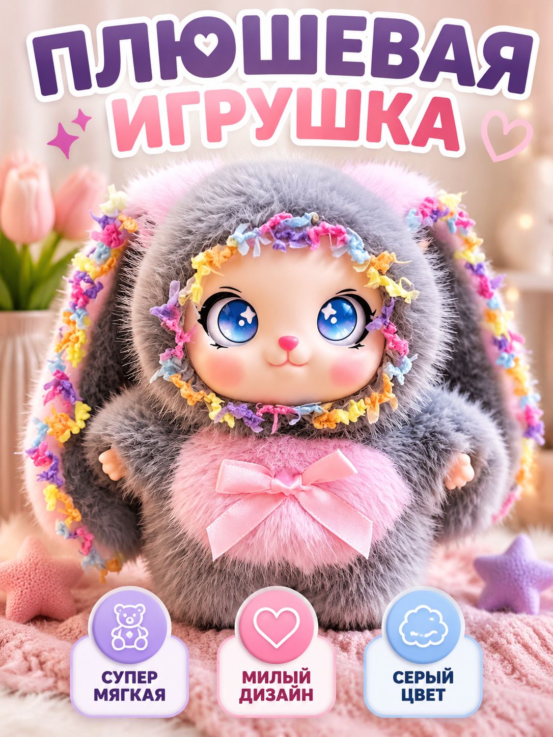 Плюшевая игрушка зайка 18 см с длинными ушами и кружевами, брелок-подвеска для автомобиля и сумки, подарок для детей