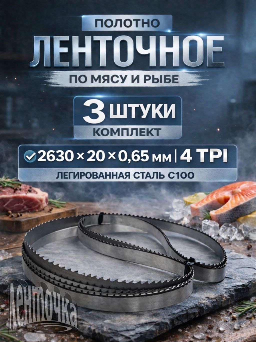 3 шт. Полотно для ленточной пилы 2630x20x0.65х4TPI по мясу, кости и рыбе (Meat master, каленый зуб)