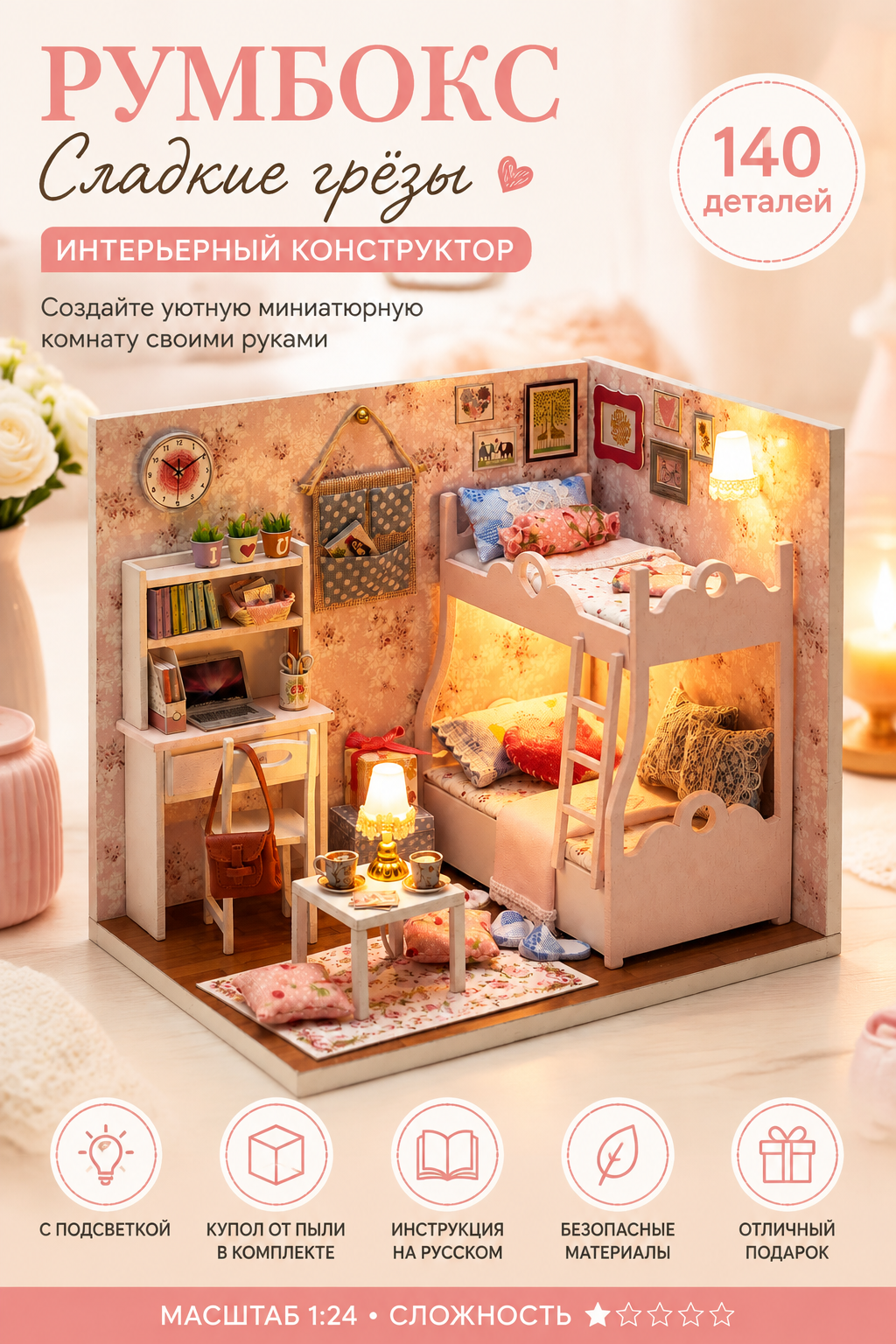 Интерьерный конструктор румбокс «Сладкие Грёзы» для детской комнаты, 1/24, с подсветкой и куполом, 140 деталей