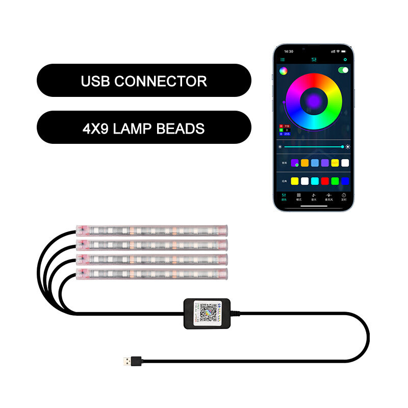 36-LED автомобильная подсветка днища с RGB и синхронизацией музыки, управление через приложение, питание через USB для