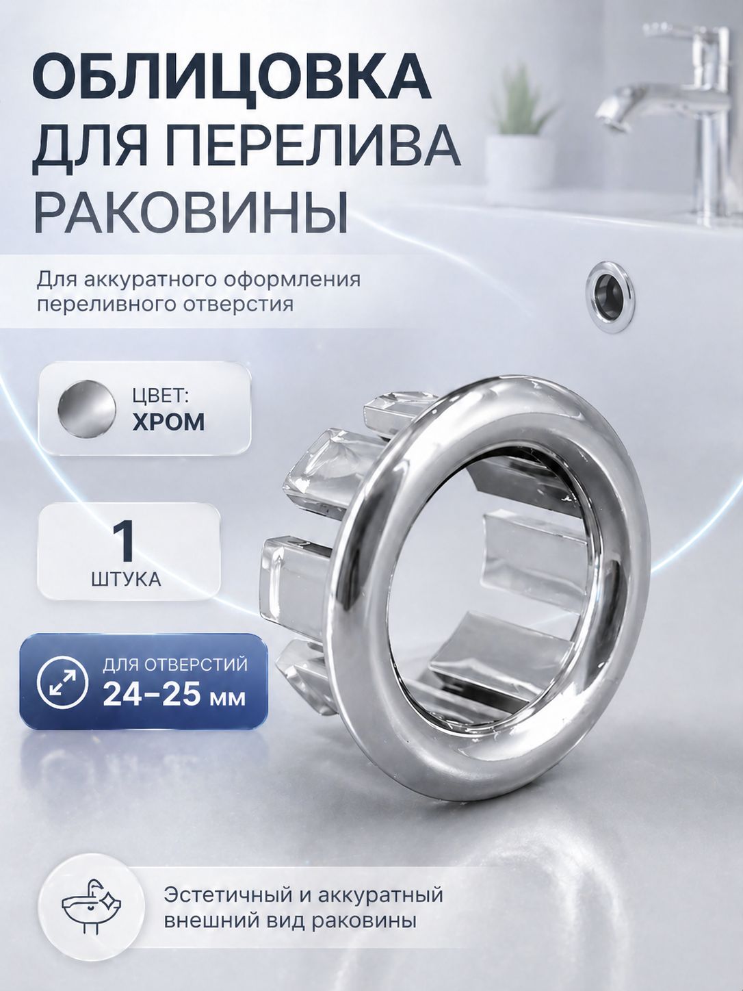 Обрамление перелива для раковины, облицовка перелива, 24 - 25мм, хром, 1шт