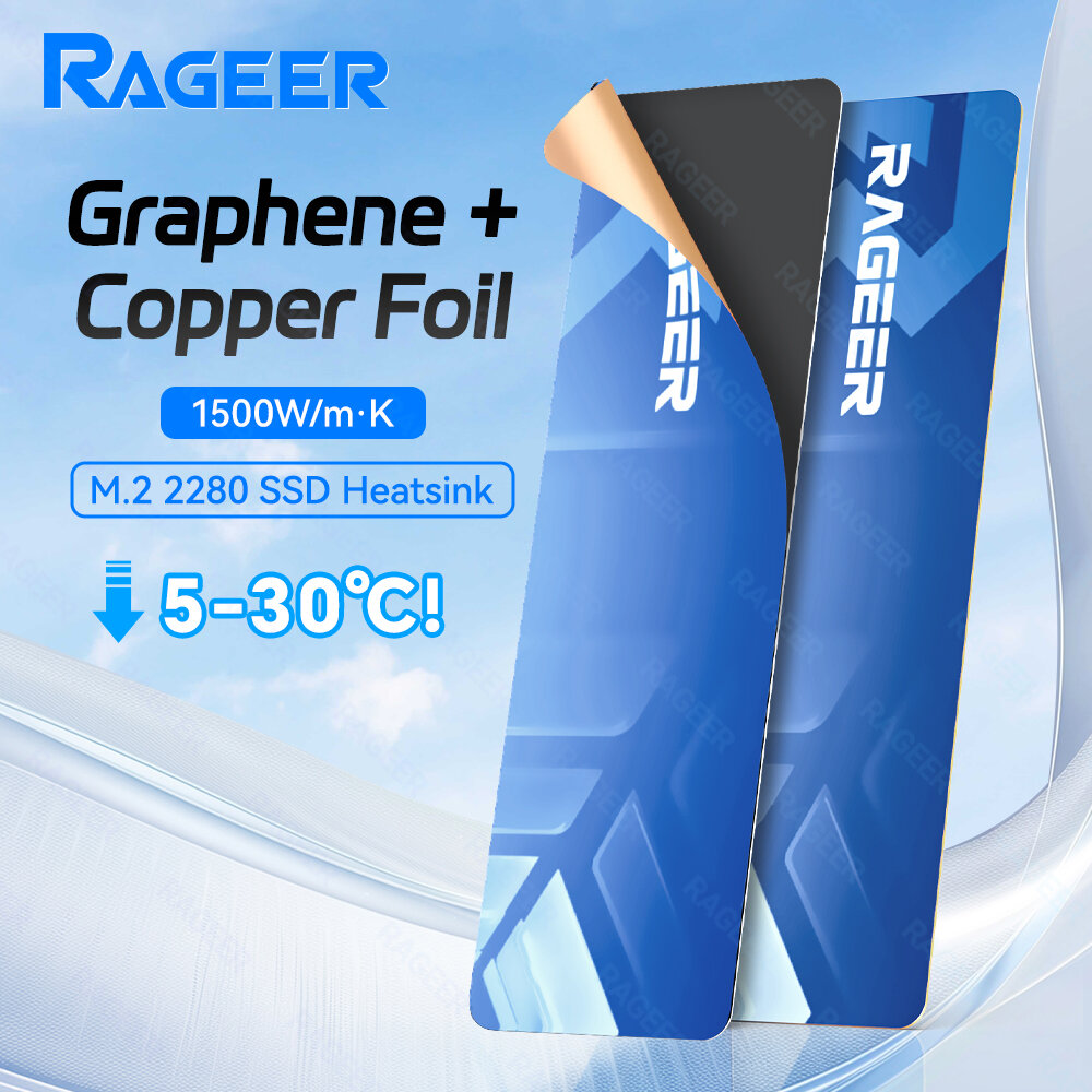 RAGEER Радиатор M.2 SSD 2280 Graphene, 2шт. теплоотвод для накопителя охлаждение твердотельного накопителя
