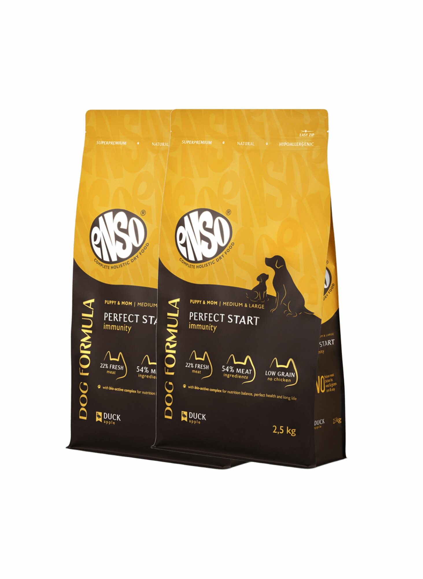 ENSO Dog formula Perfect start сухой полнорационный корм для щенков от 1 месяца, беременных и кормящих собак средних и крупных пород со свежей уткой с добавлением яблока 2,5 кг x 2 шт.