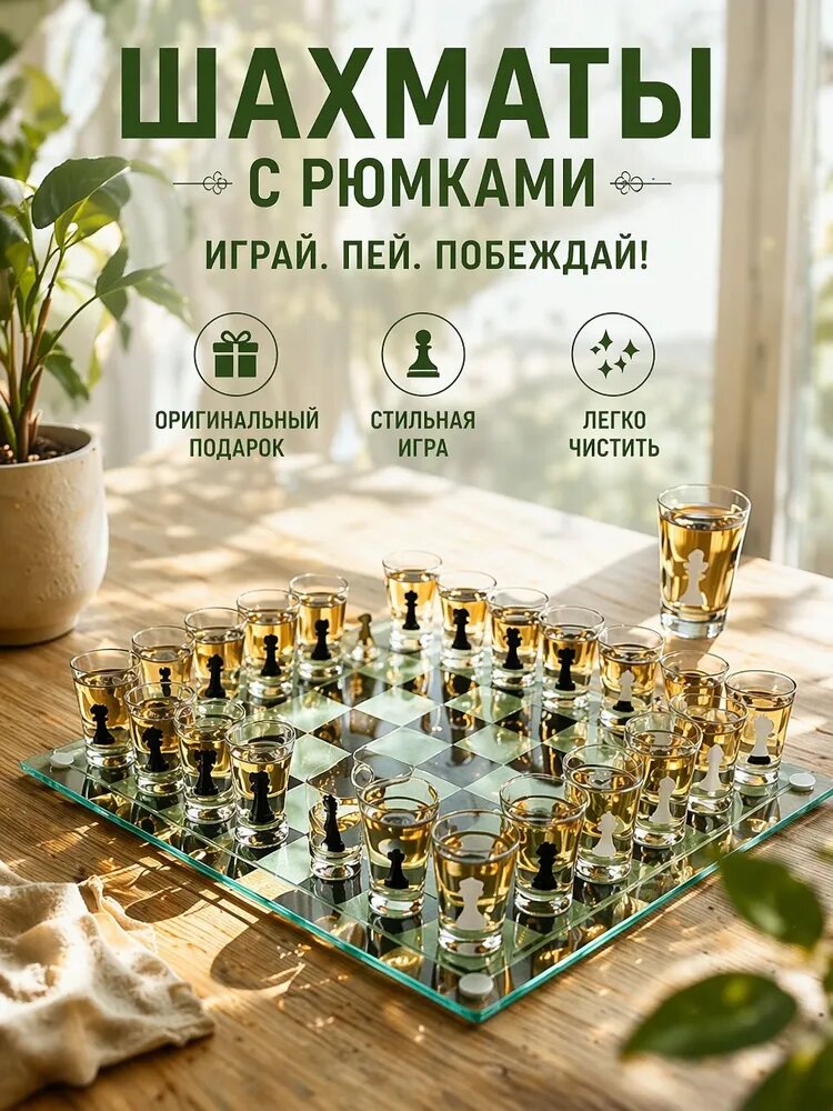 Набор шахмат из 33 предметов: стеклянная доска и бокалы-фигуры, 35 35 см, прозрачные