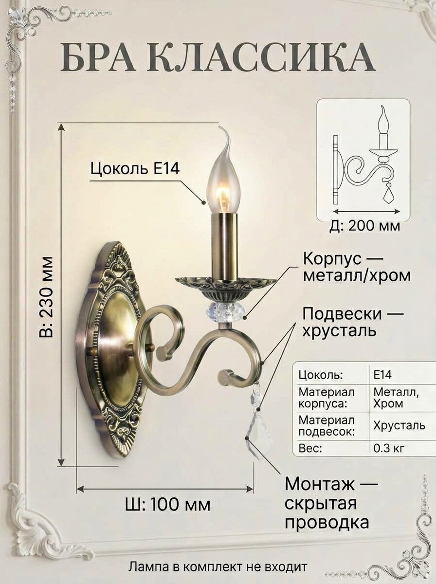 Бра настенное классическое под скрытую проводку E14 классика — фото 1