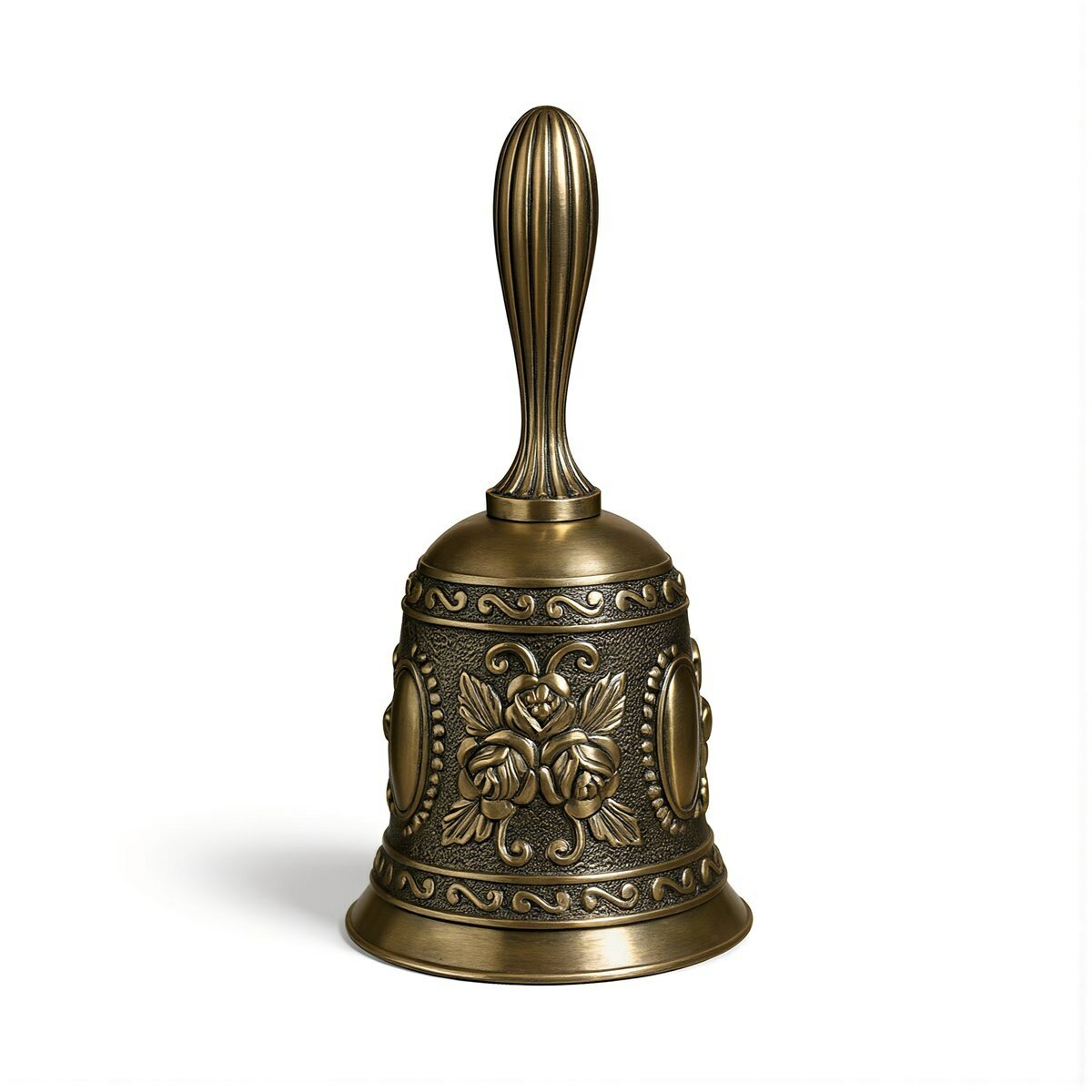 Металлический ручной звонок с рельефными цветочными узорами для использования в кафе для вызова сотрудников и декора помещения в стиле ретро