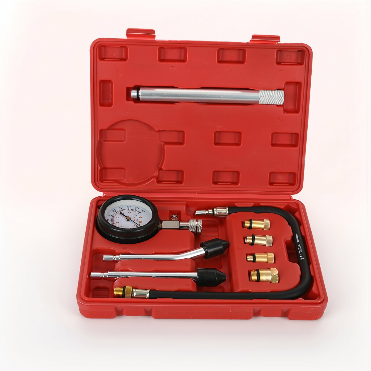 Набор инструментов для автосервиса манометр цилиндров двигателя адаптеры гибкий шланг двойная шкала красный прочный кейс для профессиональной работы, Манометр цилиндров с удлинителем, двойная шкала, Q