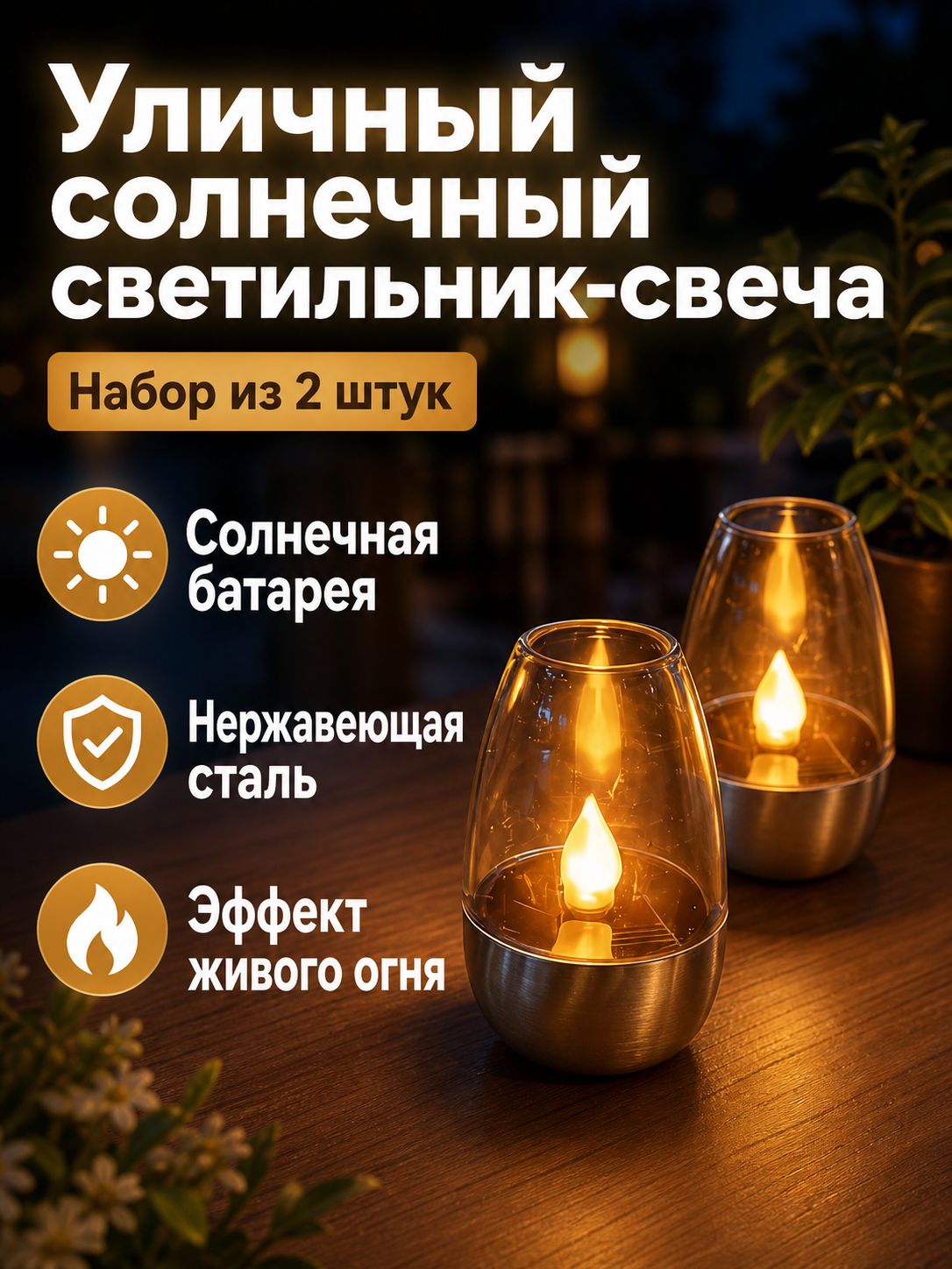 Солнечный уличный светильник-свеча из нержавеющей стали с теплым светом, 2 шт: для сада и двора, водонепроницаемый, автоматический
