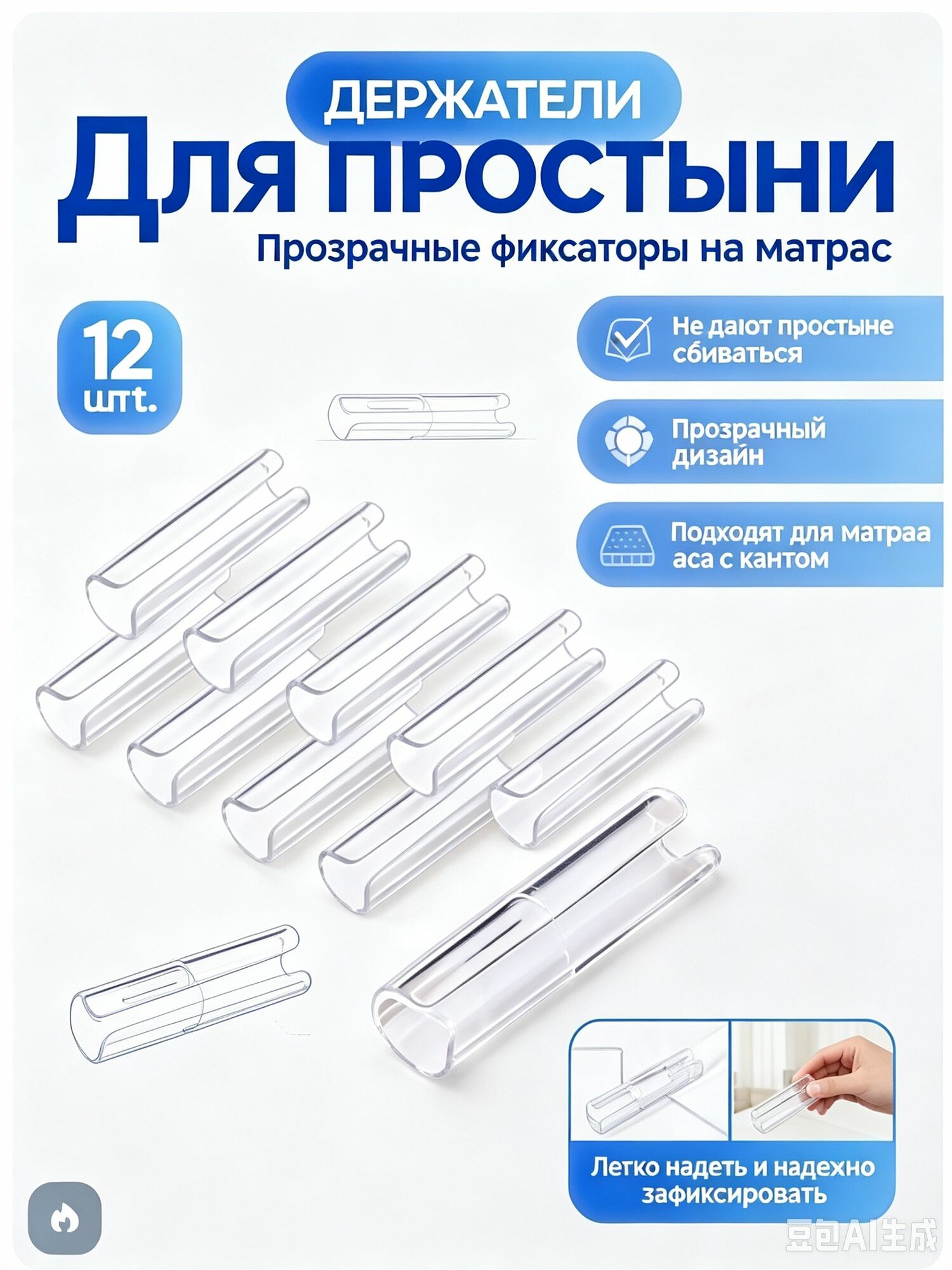 Зажимы для фиксации матраса и простыни, прозрачные фиксаторы-крепления, комплект 12 штук