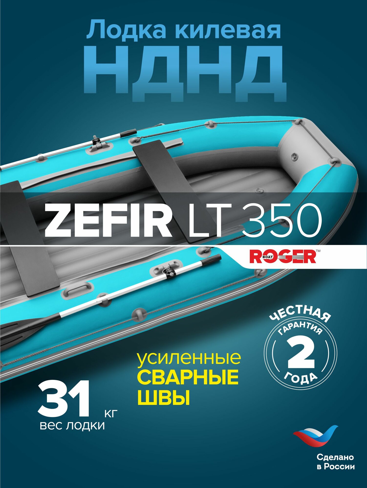 Лодка ПВХ под мотор ROGER Zefir 350 LT, надувная для рыбалки НДНД килевая (бирюзовый - серый)