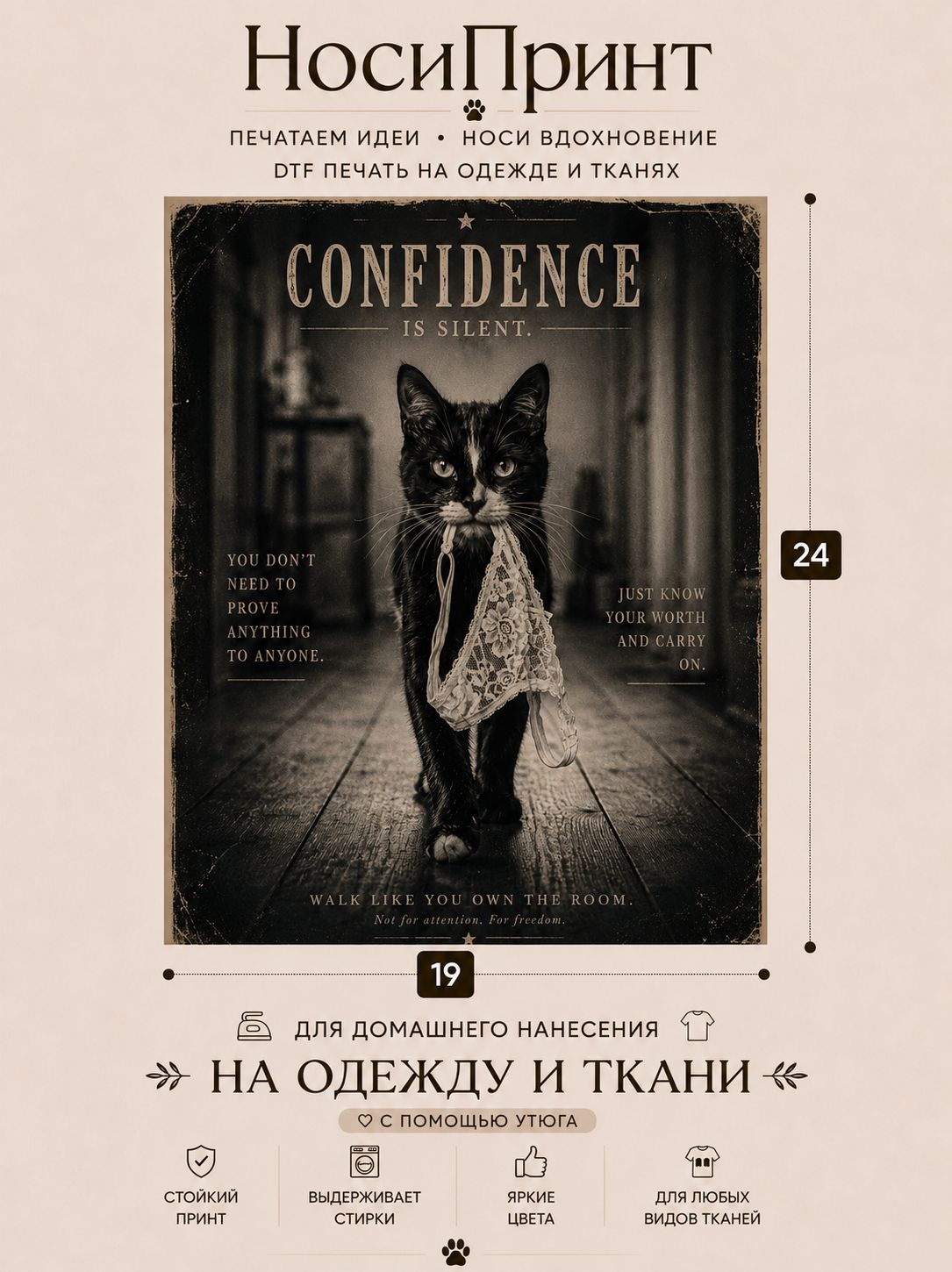 Термонаклейка для одежды / Термотрансфер 24х19см Confidence Кот и трусики НосиПринт Noir