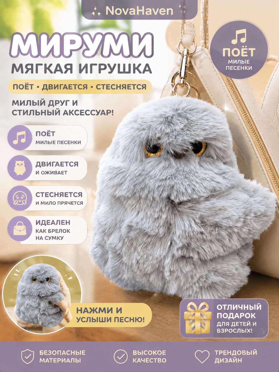 Мируми (Mirumi) на рюкзак, поющая мягкая подвеска со звуком и движением