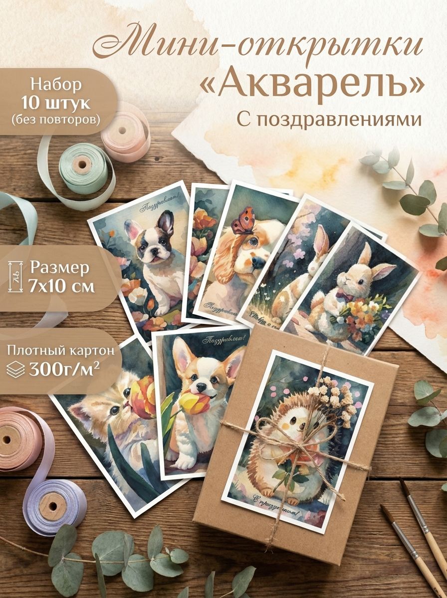 Мини открытки с днем учителя "Акварель", 7 х 10 см, открытка учителю для поздравления с праздником, памятного подарка и