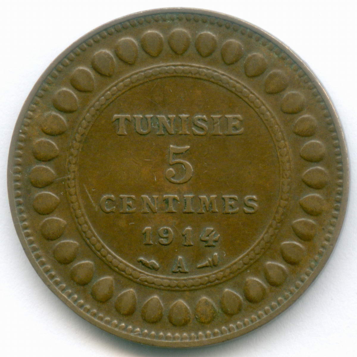 5 сантимов 1914 год. Тунис. Бронза, диаметр 25.4 мм. XF