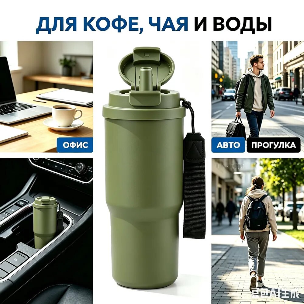 Термокружка 0.75 л, холод 12 ч, тепло 6 ч, вакуумная, оливковый